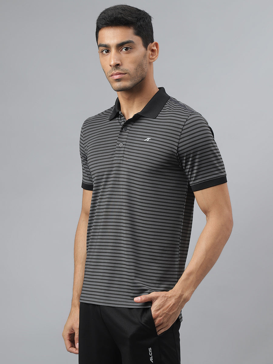 Alcis Men Dark Grey Anti-Static Stretch-X Slim-Fit Running Polo T-Shir